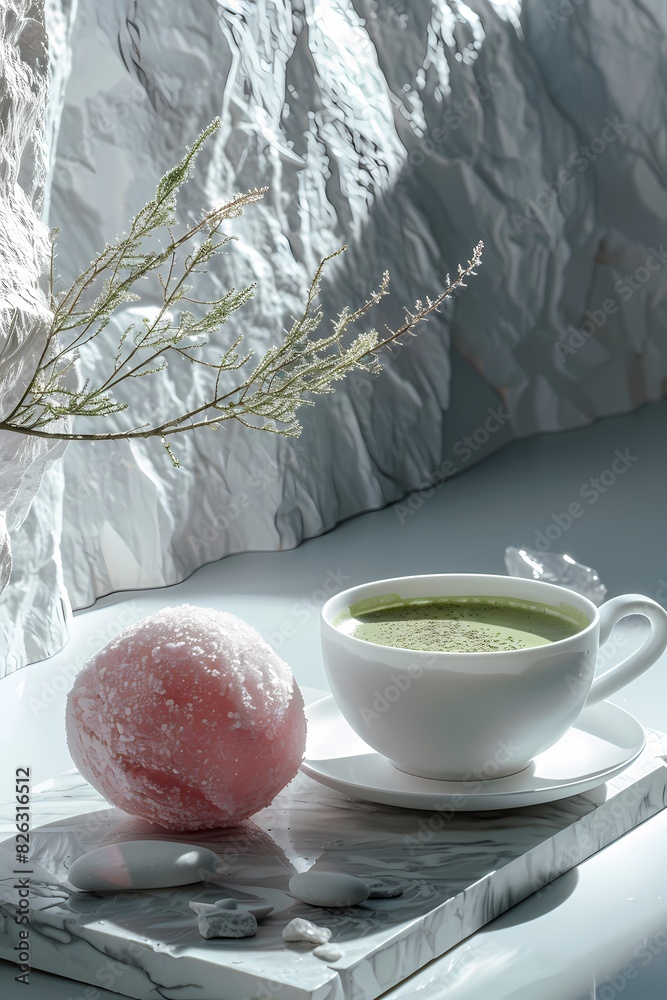 Mockup hot matcha Japanese green tea latte with strawberry moji product ...