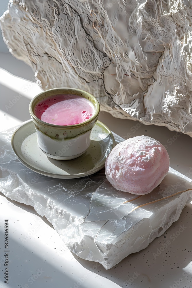 Mockup hot matcha Japanese green tea latte with strawberry moji product ...