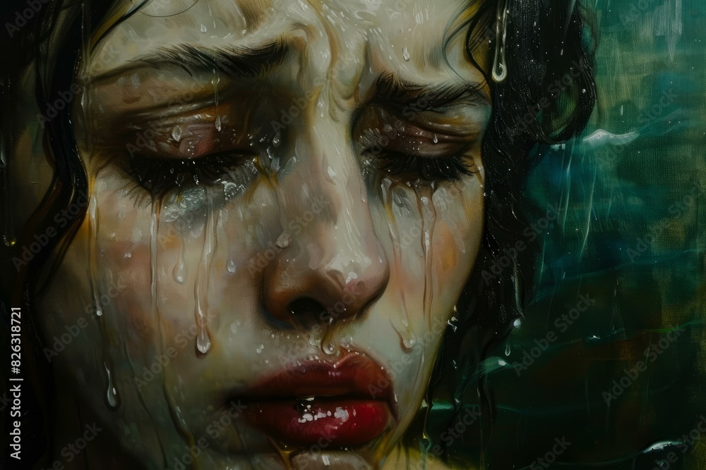 Artistic portrayal of a crying woman with raindrops blending with tears ...