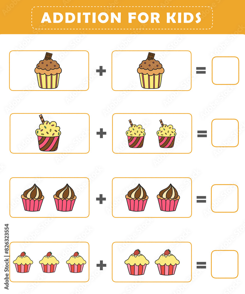 Preschool addition worksheet with cute cupcake illustration. Math ...