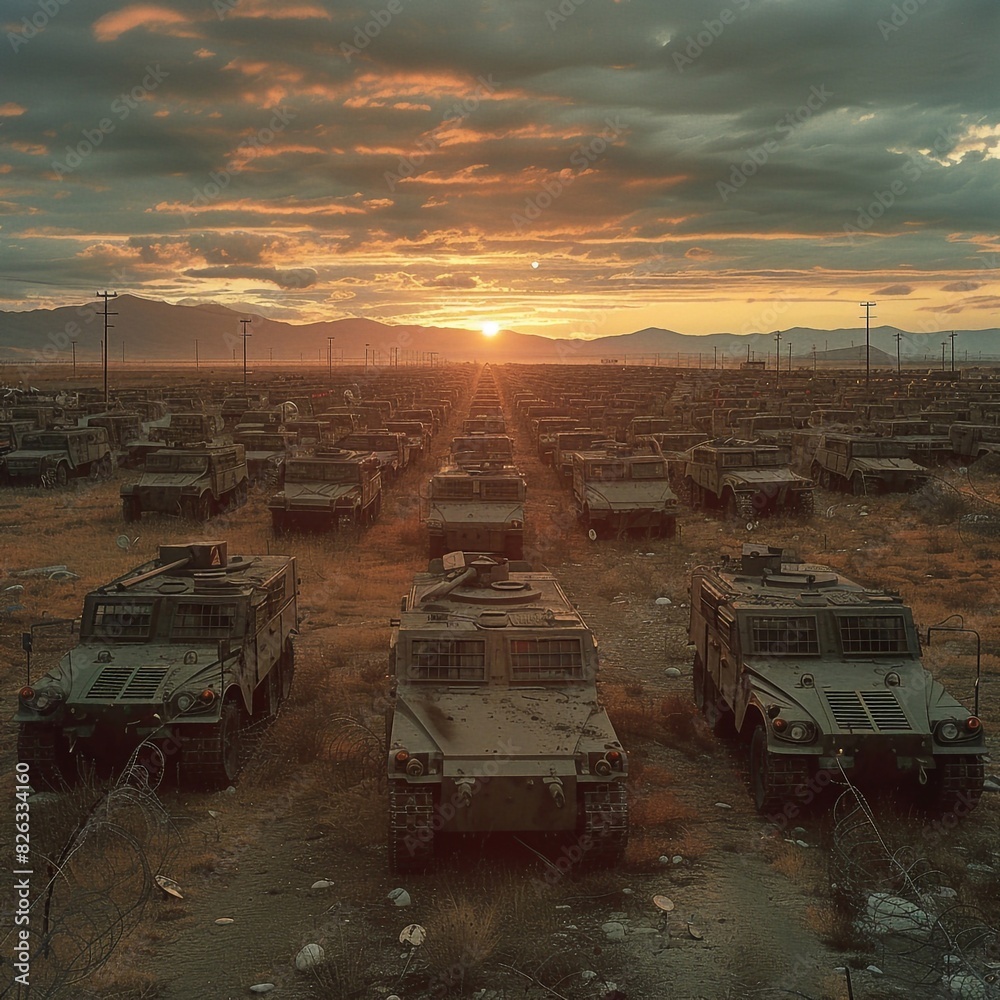 Group of main battle tanks with a city on fire on the background. One ...