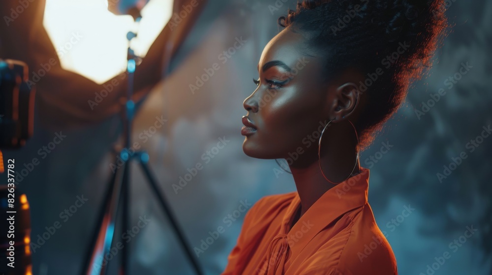 A beautiful black model poses for a photographer, who takes pictures ...