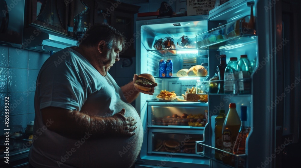 A fat Caucasian man in a T-shirt stands near an open refrigerator in ...