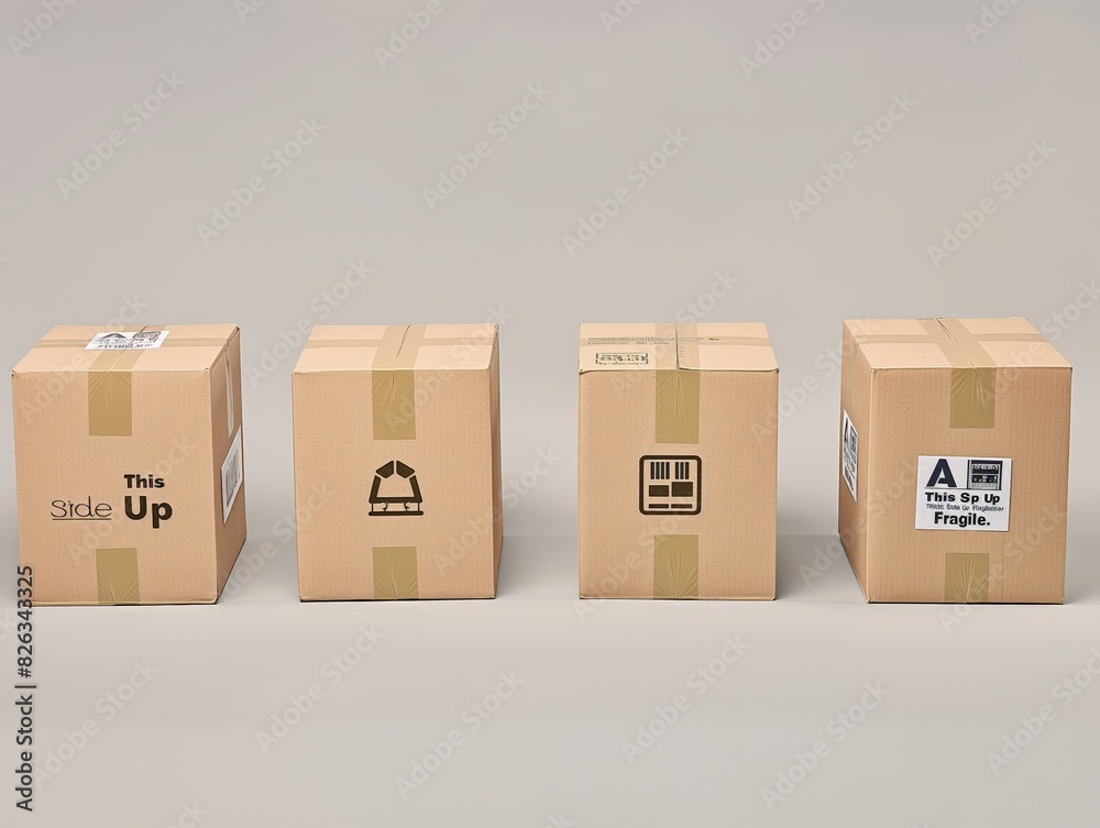 Four cardboard boxes with various shipping labels and symbols ...
