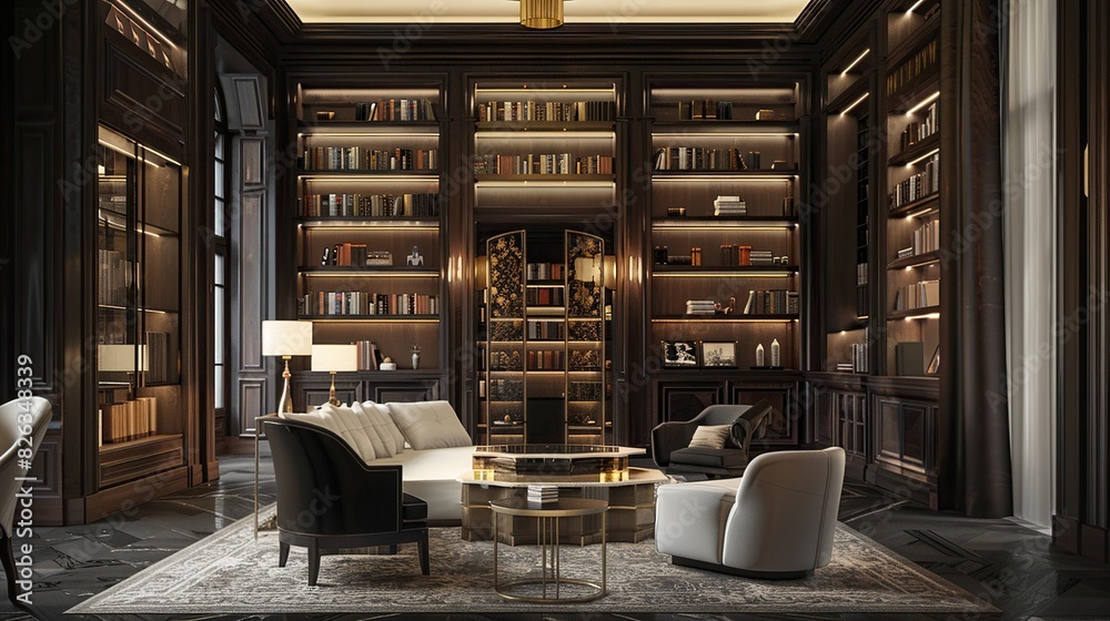 Show a sophisticated home library with custom bookshelves, a cozy ...