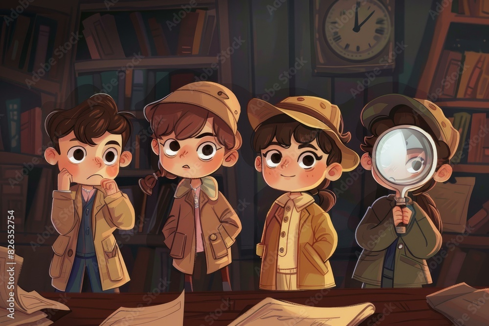 Four cartoon children dressed as detectives with magnifying glass in a ...