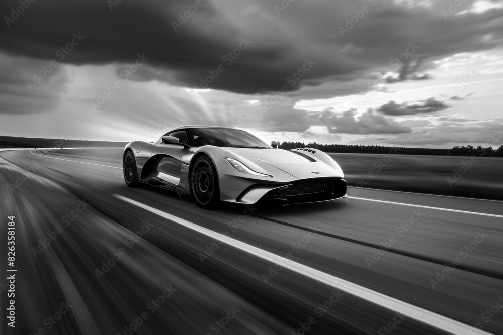 A sports car accelerating on a highway, captured from a low angle ...