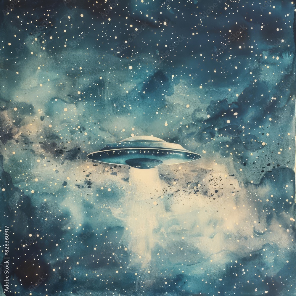 The image shows a flying saucer in the outer space. The flying saucer ...