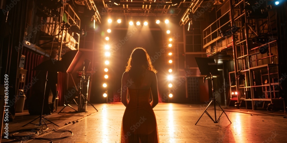 An actress in costume behind the scenes in a brightly lit theater, with ...