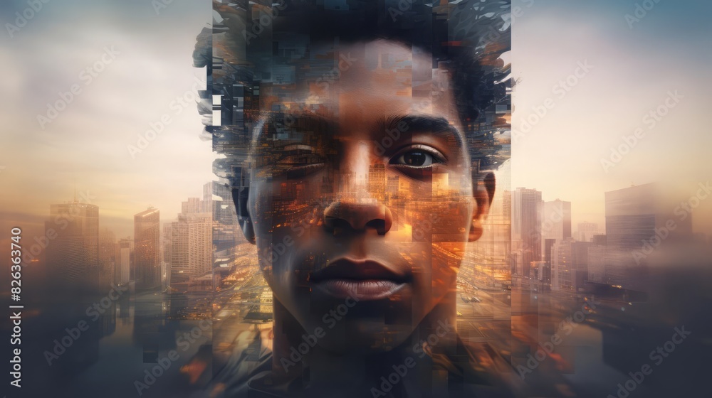 A highresolution double exposure image of a young man s face seamlessly ...