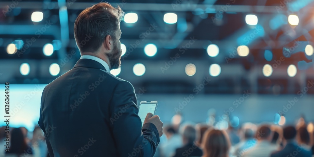 The translator works at the event in a bright and modern hall, with a ...