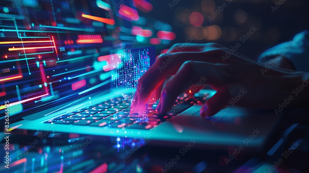 Abstract Close Up Of Hands Working On A Laptop With A Holographic Digital Data Screen And Coding