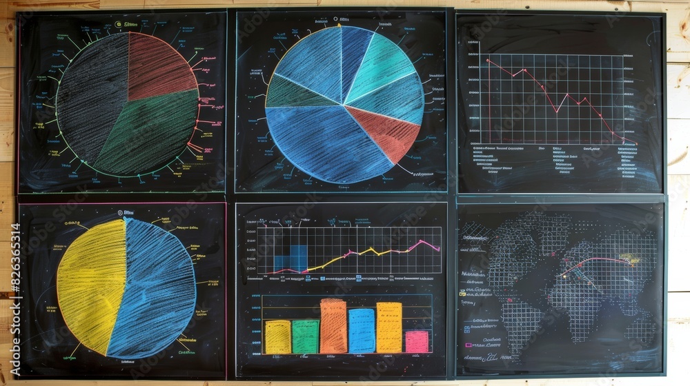 A detailed chalkboard display featuring multiple pie charts that ...