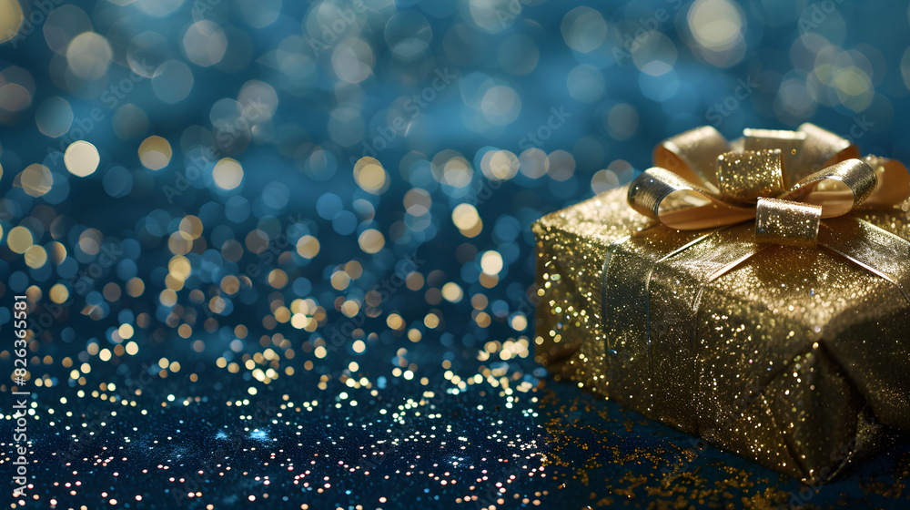 Shimmering gold gift box with bow on blurred glitter sparkles and bokeh ...