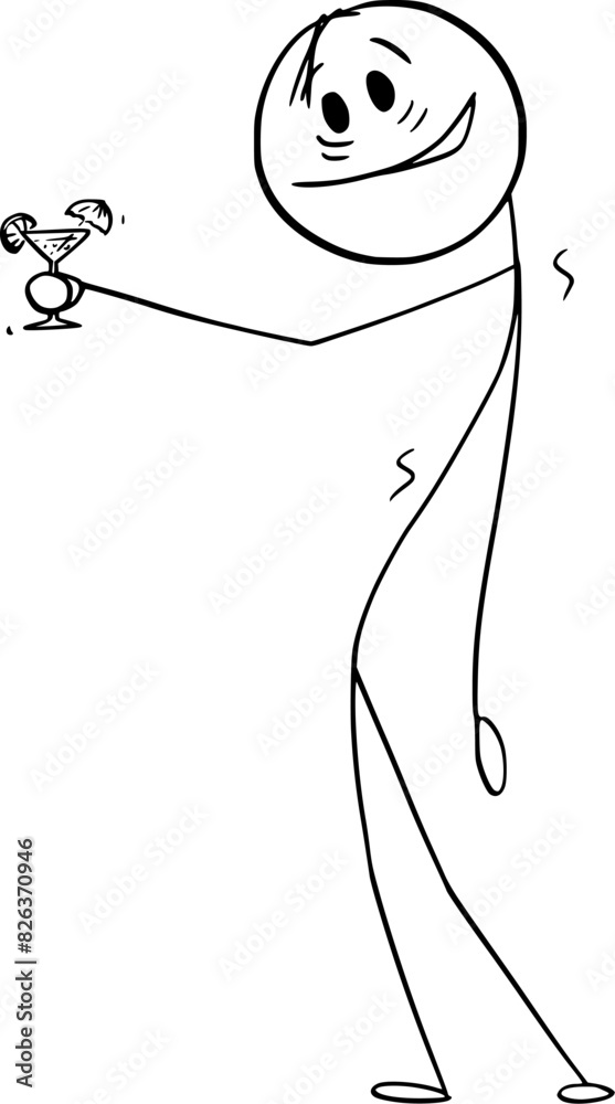 Smiling drunken person holding glass of wine or drink, vector cartoon ...