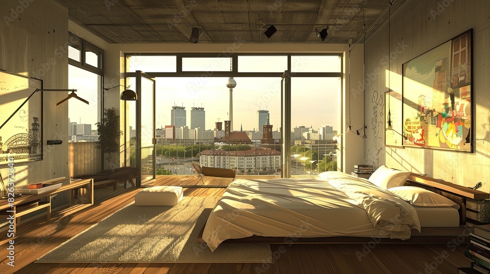 bedroom with a modern Berlin loft theme, featuring urban industrial ...