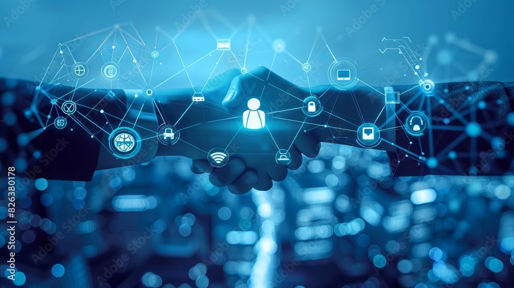 handshake on a virtual background with digital technology icons and a ...