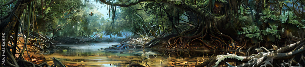 Mangrove Swamp: A mysterious mangrove swamp scene with tangled mangrove ...