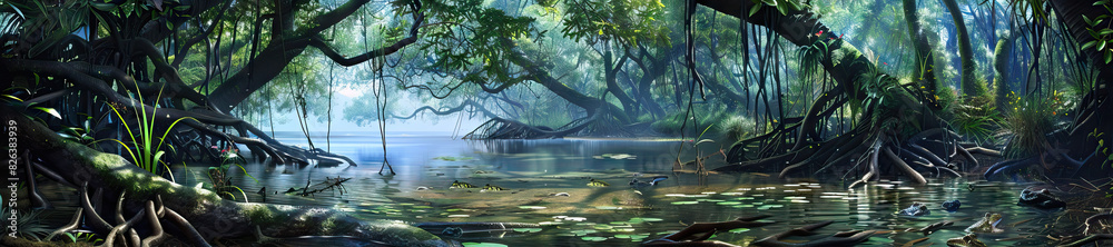 Mangrove Swamp: A mysterious mangrove swamp scene with tangled mangrove ...