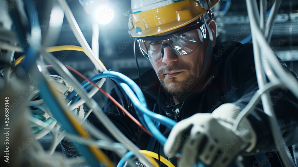 High resolution photo showing an electrician working on the electrical ...