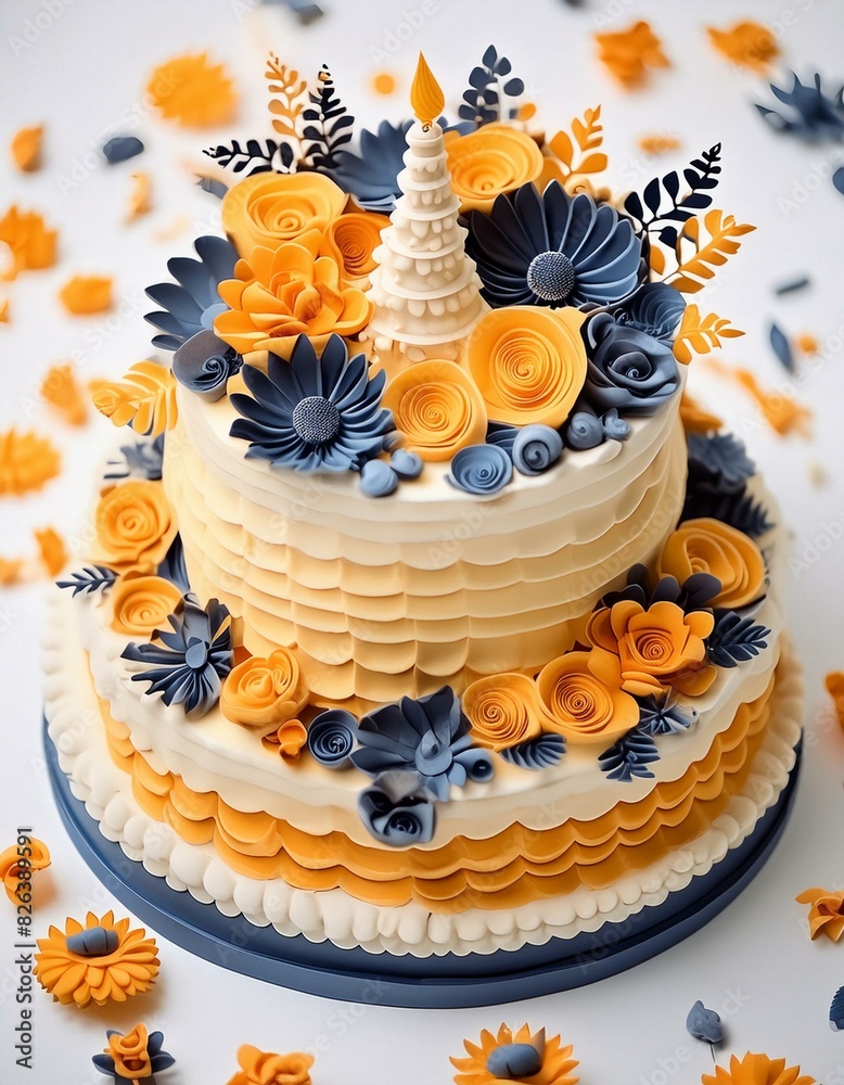Cake decorated for a birthday party in bright yellow colonial blue ...