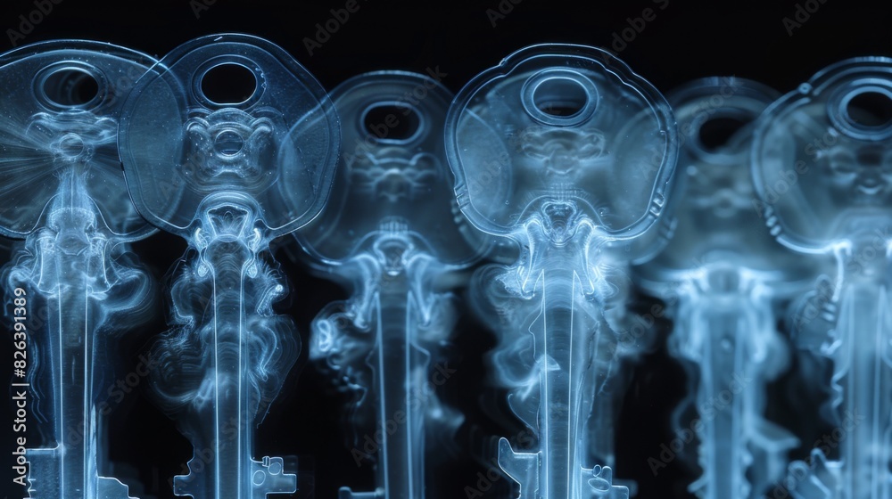 X-ray scan of a pile of keys, showing the shapes and sizes of each key ...