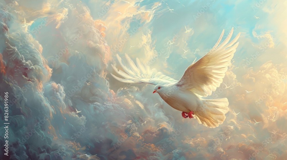 A dove ascends. Ascension. White dove in the sky with clouds, flying ...