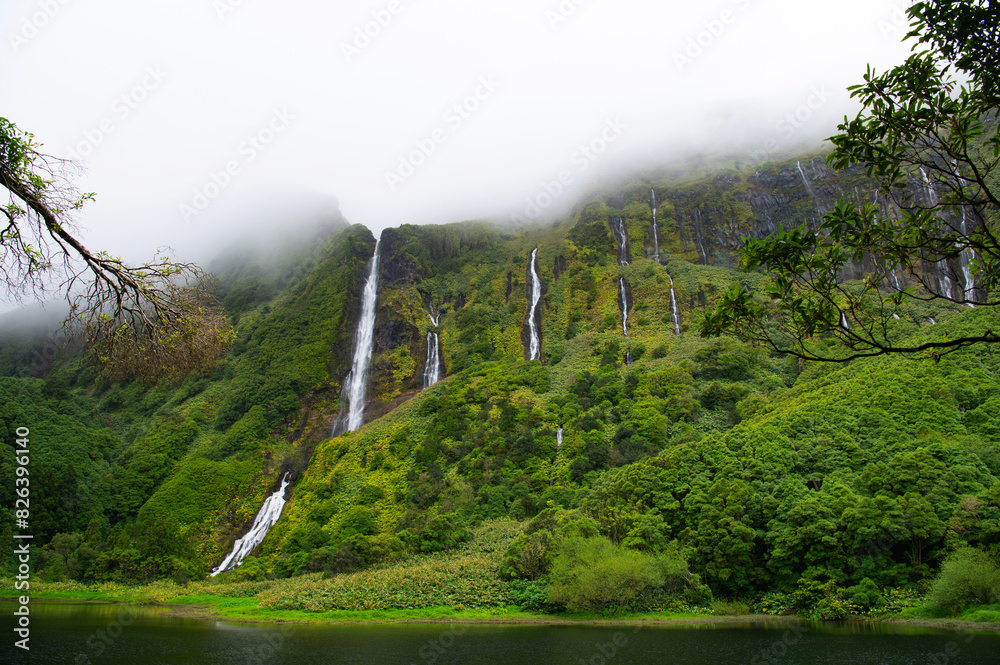Cascata da Ribeira do Ferreiro, Flores Island, Azores, Portugal. Long ...