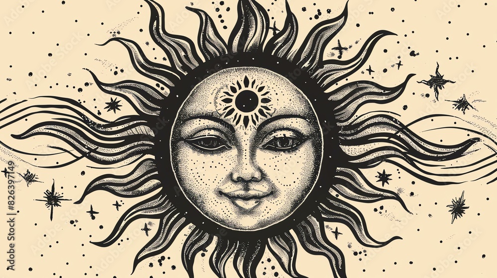 The image is a detailed illustration of a sun with a human face. The ...