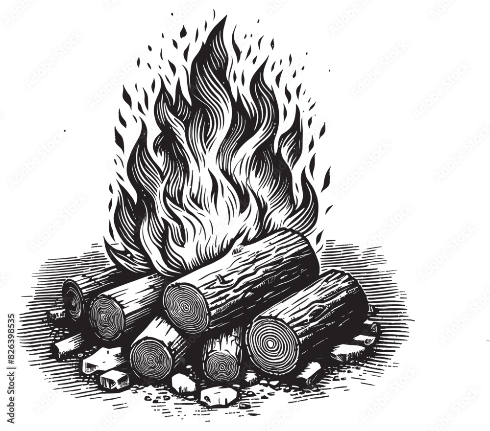 Vetor de campfire engraving black and white outline bonfire clipart ...
