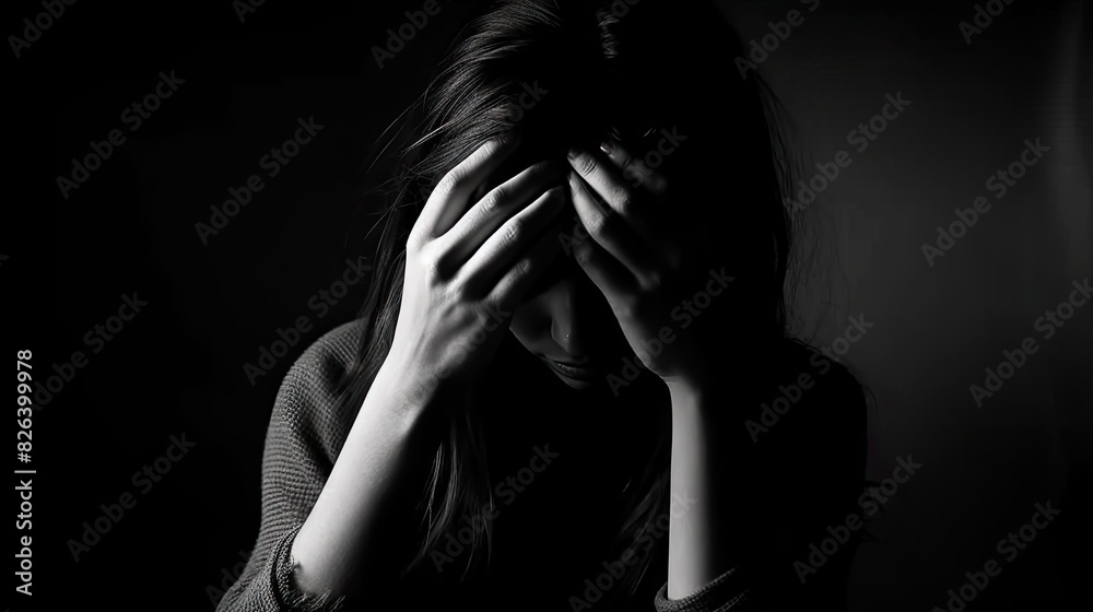 Black and white image of a distressed woman covering her face with her ...