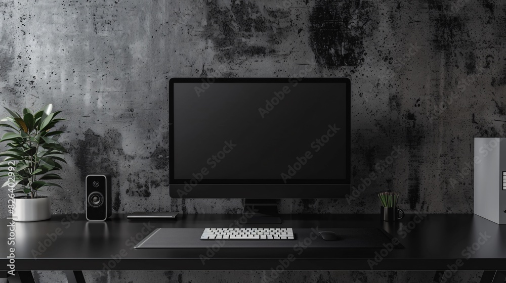 Black Base Office Desk with Computer and Keyboard Against a Concrete ...