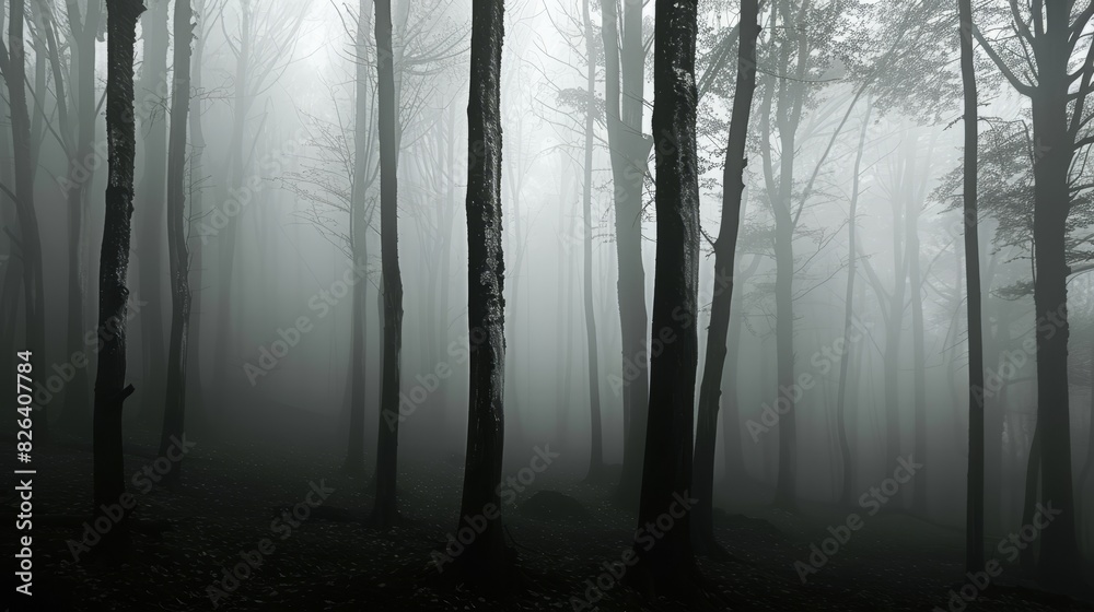 Foggy forest with tall, dark trees, eerie and mysterious ambiance ...