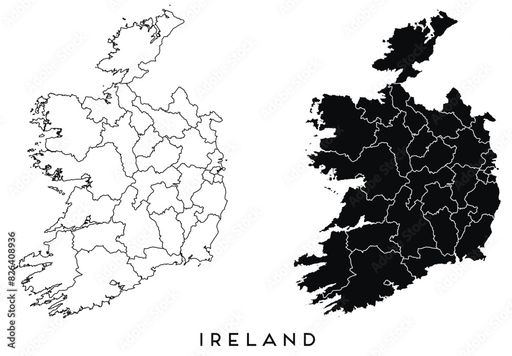 Ireland map of city regions districts vector black on white and outline ...