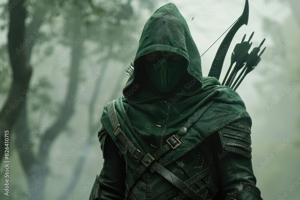 Hooded ranger with green leather armor and an arrow quiver on his ...