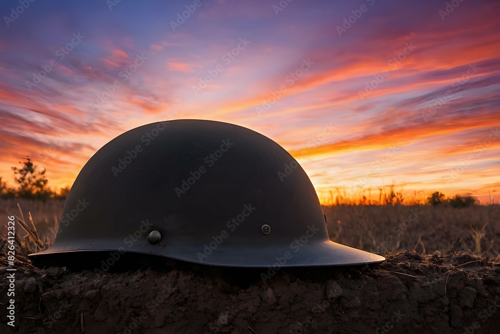 Vintage military helmet on rugged terrain under a dramatic sunset ...