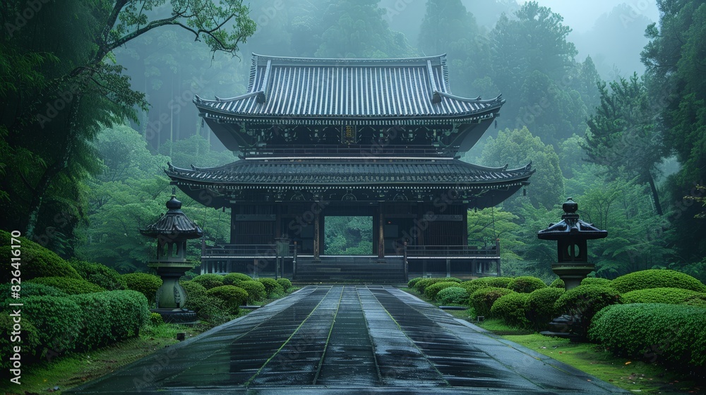 A traditional Japanese temple nestled among lush greenery, with a stone ...