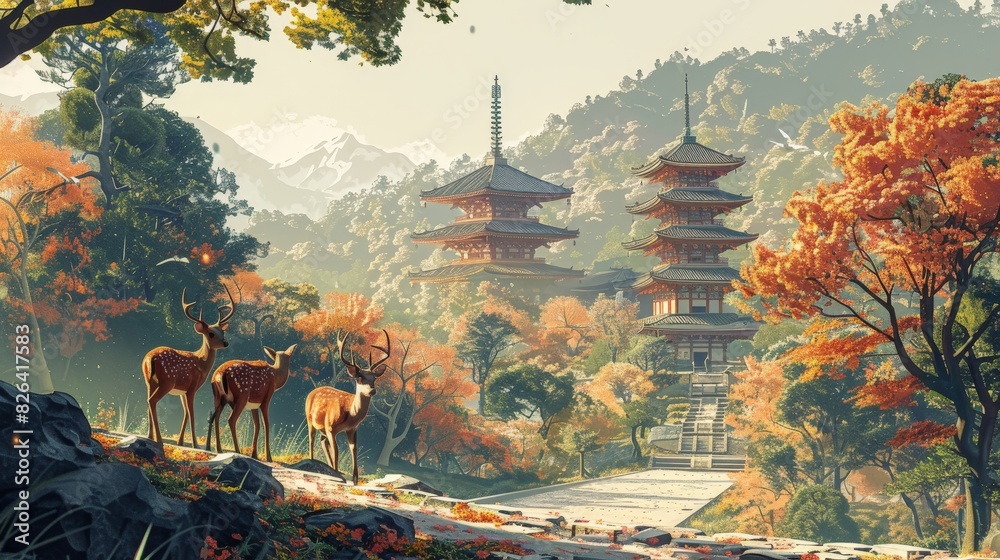 Photo & Art Print An illustration of Nara deer park, with deer roaming freely among the ancient ...