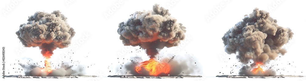 set of three side view 3D model views of nuclear explosion mushroom ...