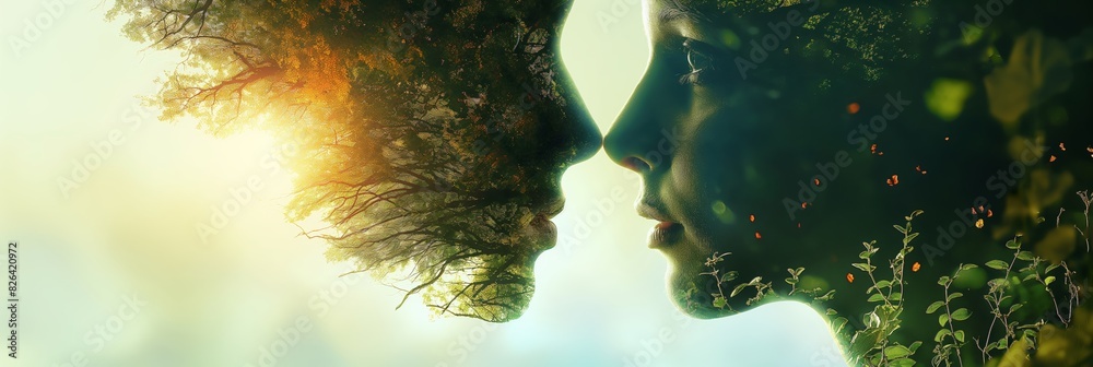 Two profiles, one being human and the other made of leaves and trees ...