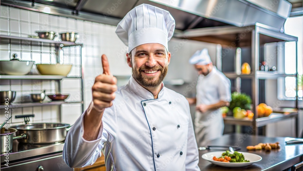 Thumbs Up Chef: Chef in a kitchen giving a thumbs up, indicating ...