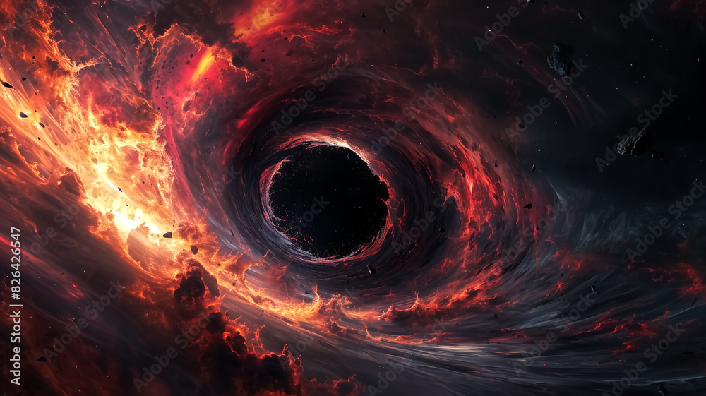 Fiery black hole with swirling clouds and debris in space. Dramatic ...