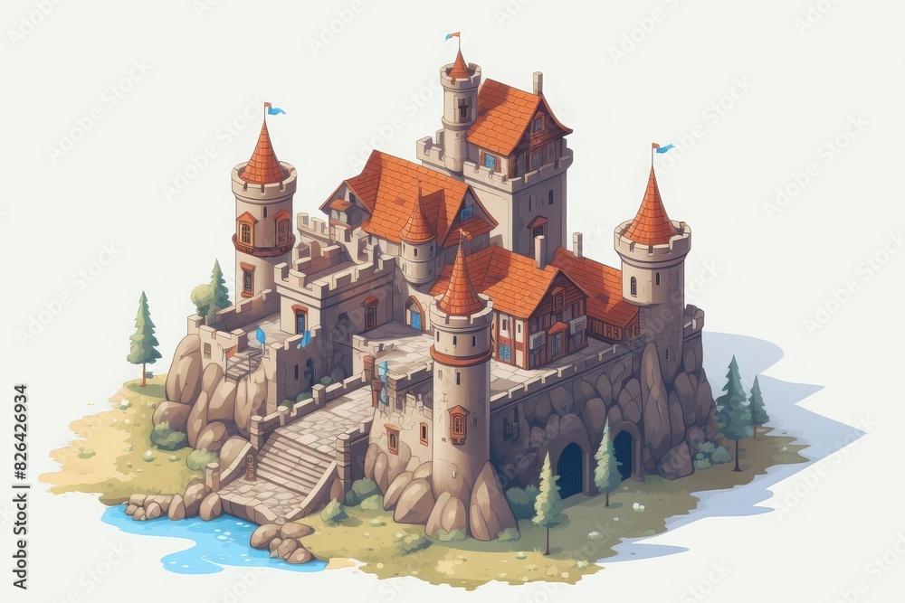 Beautiful medieval castle illustration with towers and moat. Detailed ...