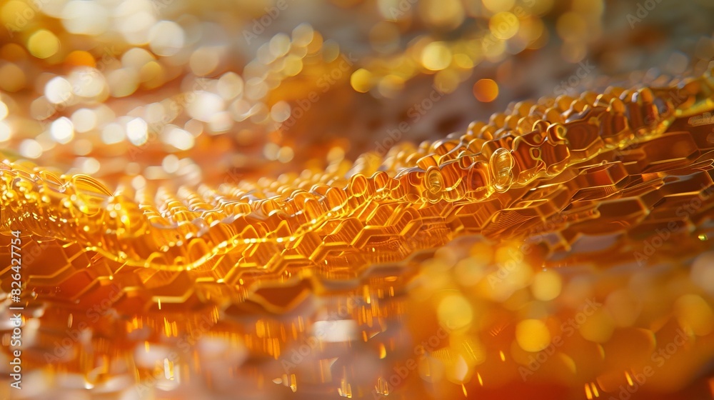 An extreme close-up of a drop of honey on a honeycomb, with the ...
