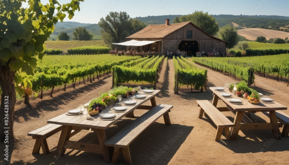 Elegant outdoor dining setup at a vineyard with long tables, fresh food ...