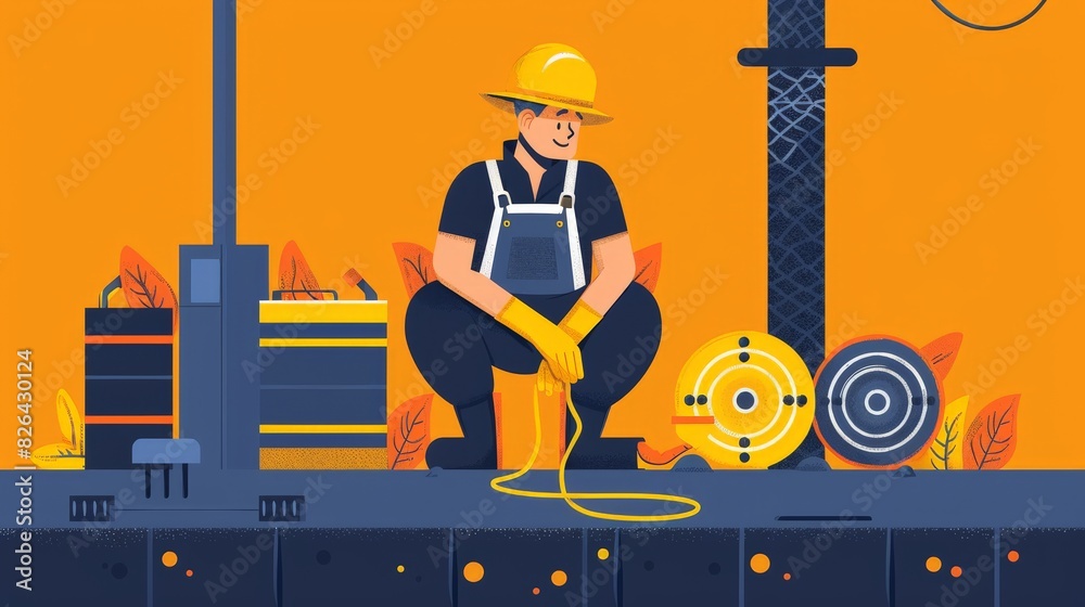 A flat design utility worker character in 2D flat style, wearing a hard ...