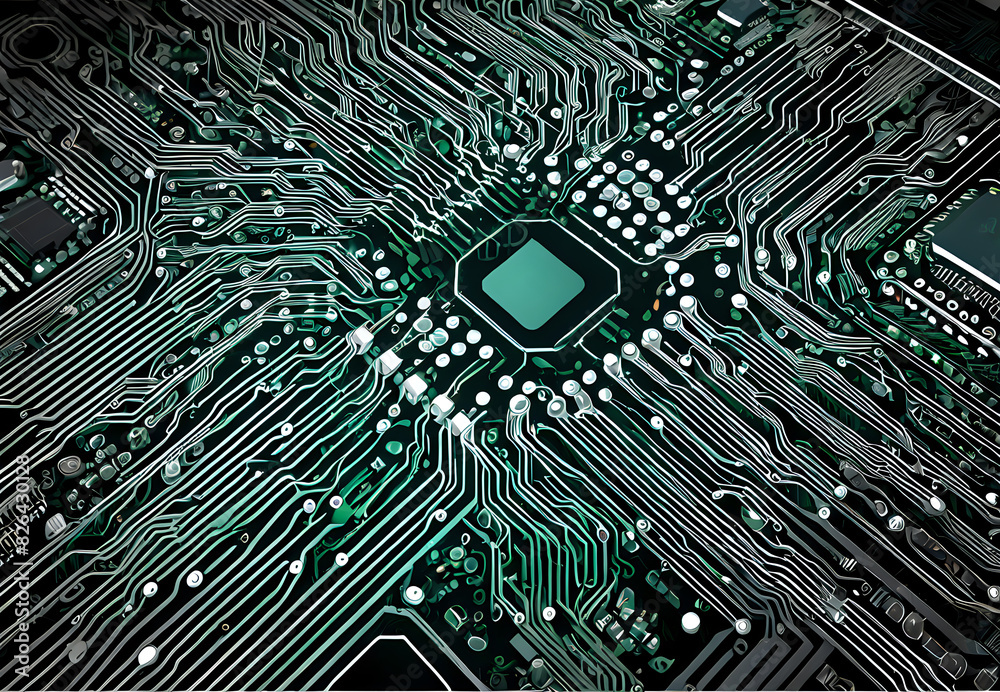 Computer electronic circuit board with gold and green components Pro ...