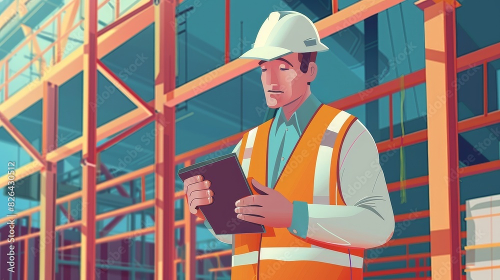 A 2D flat style civil engineer character wearing a hard hat and safety ...