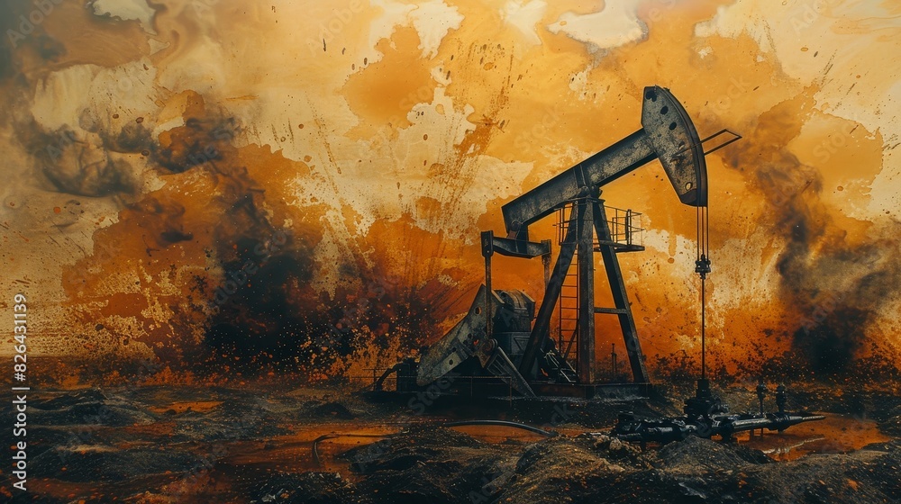 Oil Pumpjack Also Known As A Nodding Donkey Set Against A Dramatic