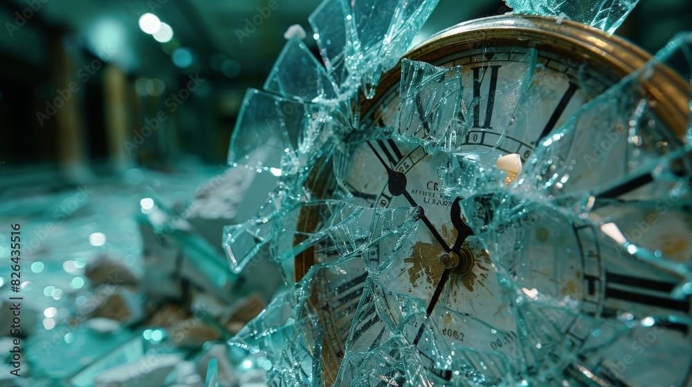 A minimalist photograph of a broken clock face, with the hands stopped ...